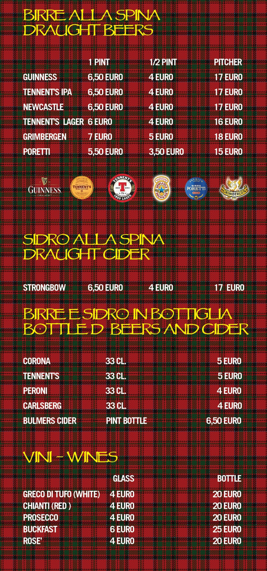 Drink Menu | The Highlander Pub Rome