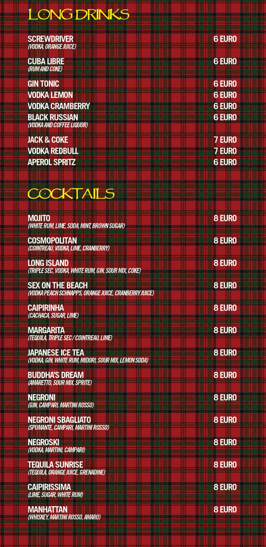 Drink Menu | The Highlander Pub Rome